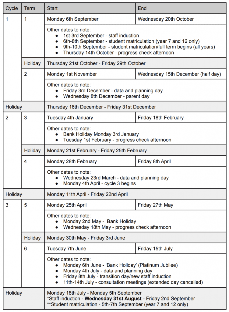 Term Dates - The Swan School